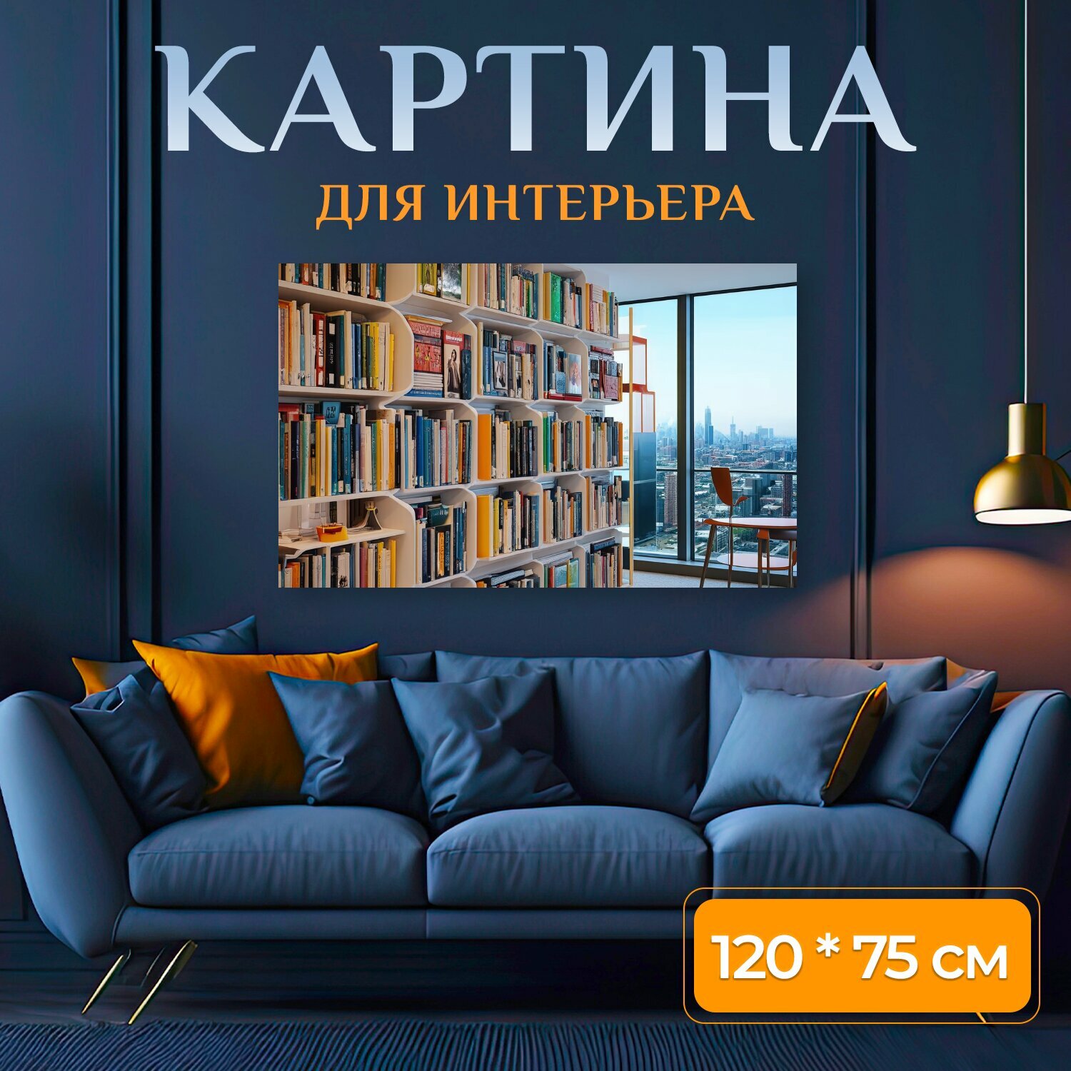 Картина на холсте "Библиотека в стиле модерн с необычными геометрическими полками и яркими иллюстрациями на спинах книг. окружение стеклянное." на подрамнике 120х75 см. для интерьера