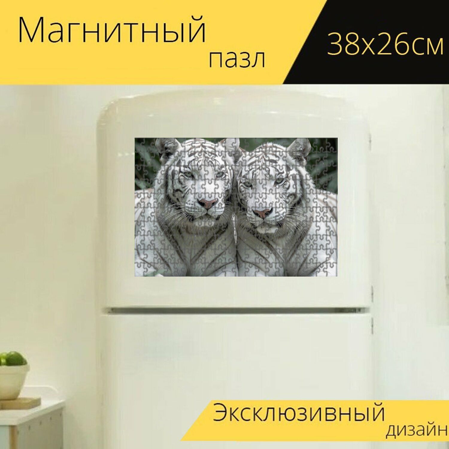 Магнитный пазл "Два белых тигра в джунглях. Парная сцена с редкими белоснежными хищниками, лежащими рядом среди зелёных тропических зарослей. Реалистичный." для интерьера, 38х26 см.