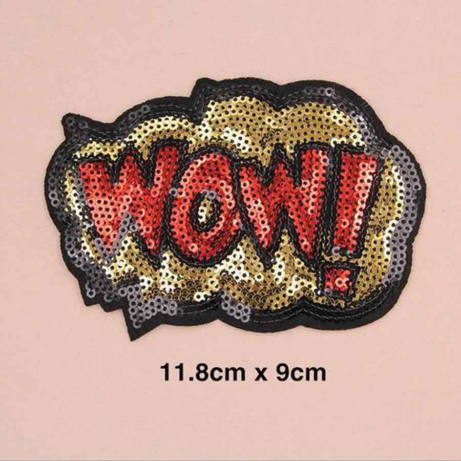 Нашивка "WOW!" с блестками, 11.8x9 см, Yang-BU84-3