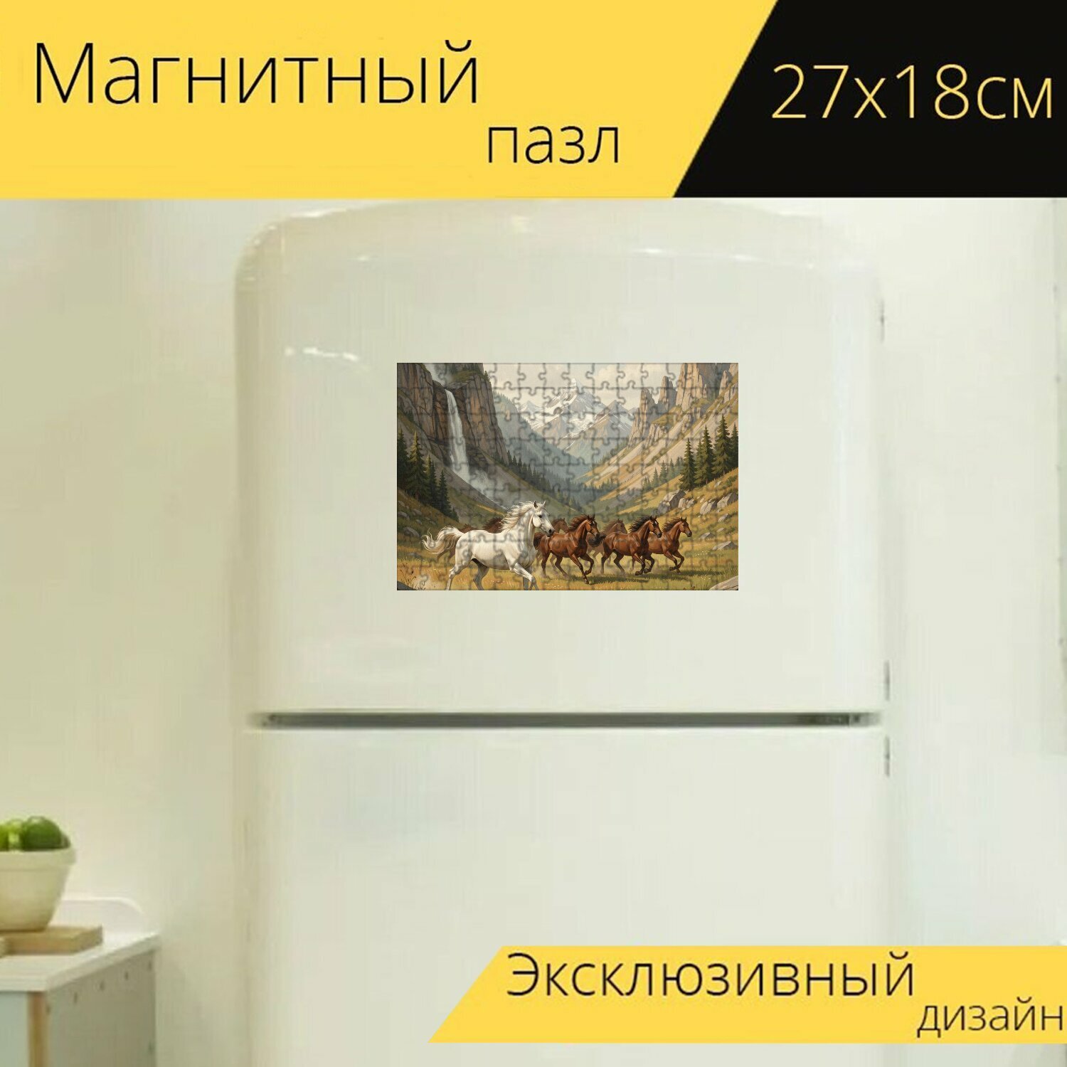 Магнитный пазл "Скачущие лошади в горах. Живописная сцена с табуном резвых коней на фоне высоких скал, альпийских лугов, хвойного леса и снежной вершины." на холодильник 27 x 18 см.