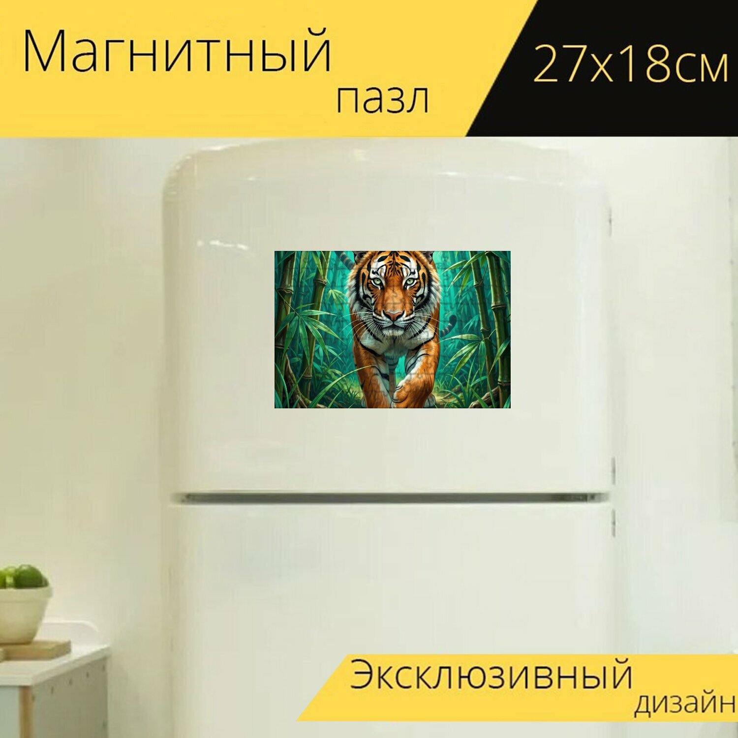 Магнитный пазл "Тигр в бамбуковых джунглях. Реалистичная хищная кошка крупным планом в тропической зелени, среди густых зарослей и стволов бамбука. Яркие." на холодильник 27 x 18 см.