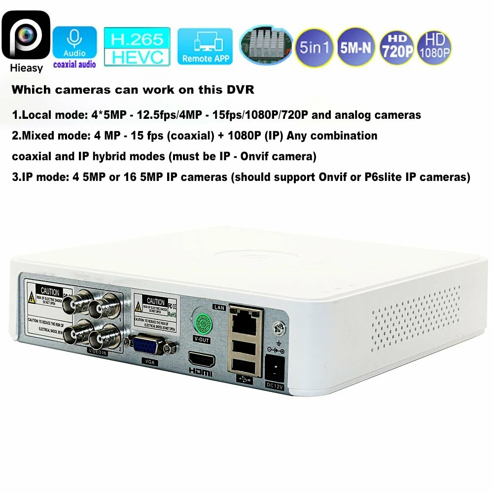 4-канальный видеорегистратор (DVR/NVR) HiEasy с поддержкой P2P, совместимый с камерами 5MP 12.5Fps 1080P 720P TVI CVI CVBS и 5MP IP Onvif