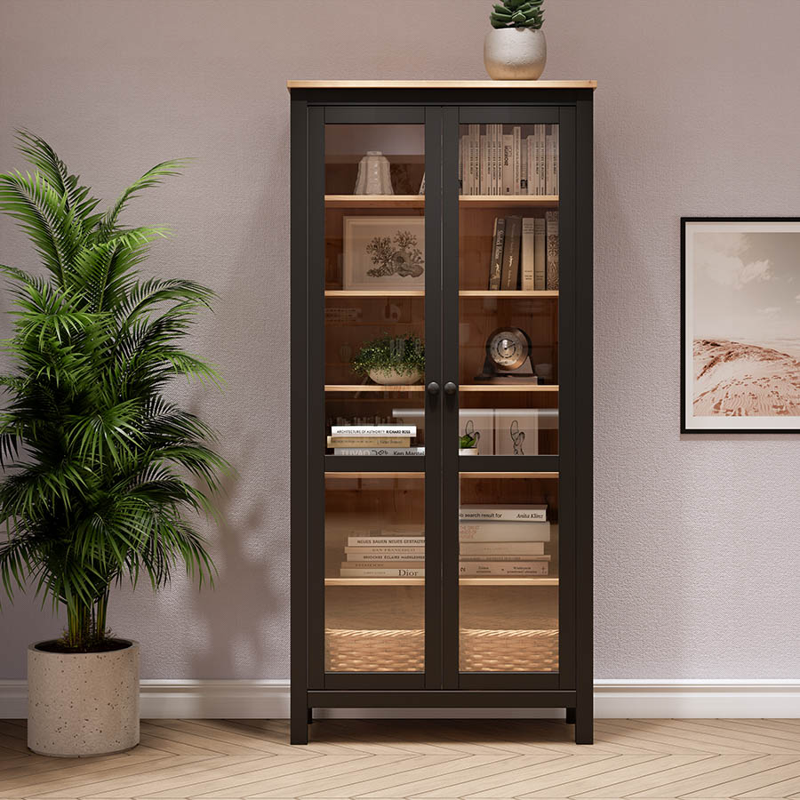 Шкаф витрина HEMNES Кымор с дверями ст/ст, массив сосны, цвет черный/светло-коричневый, (икеа)