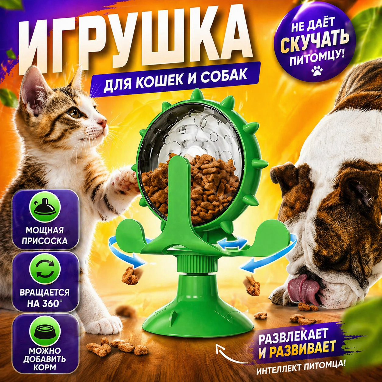 Интерактивная игрушка для кошек, вращающийся диспенсер для корма с присоской, игрушка для замедления кормления
