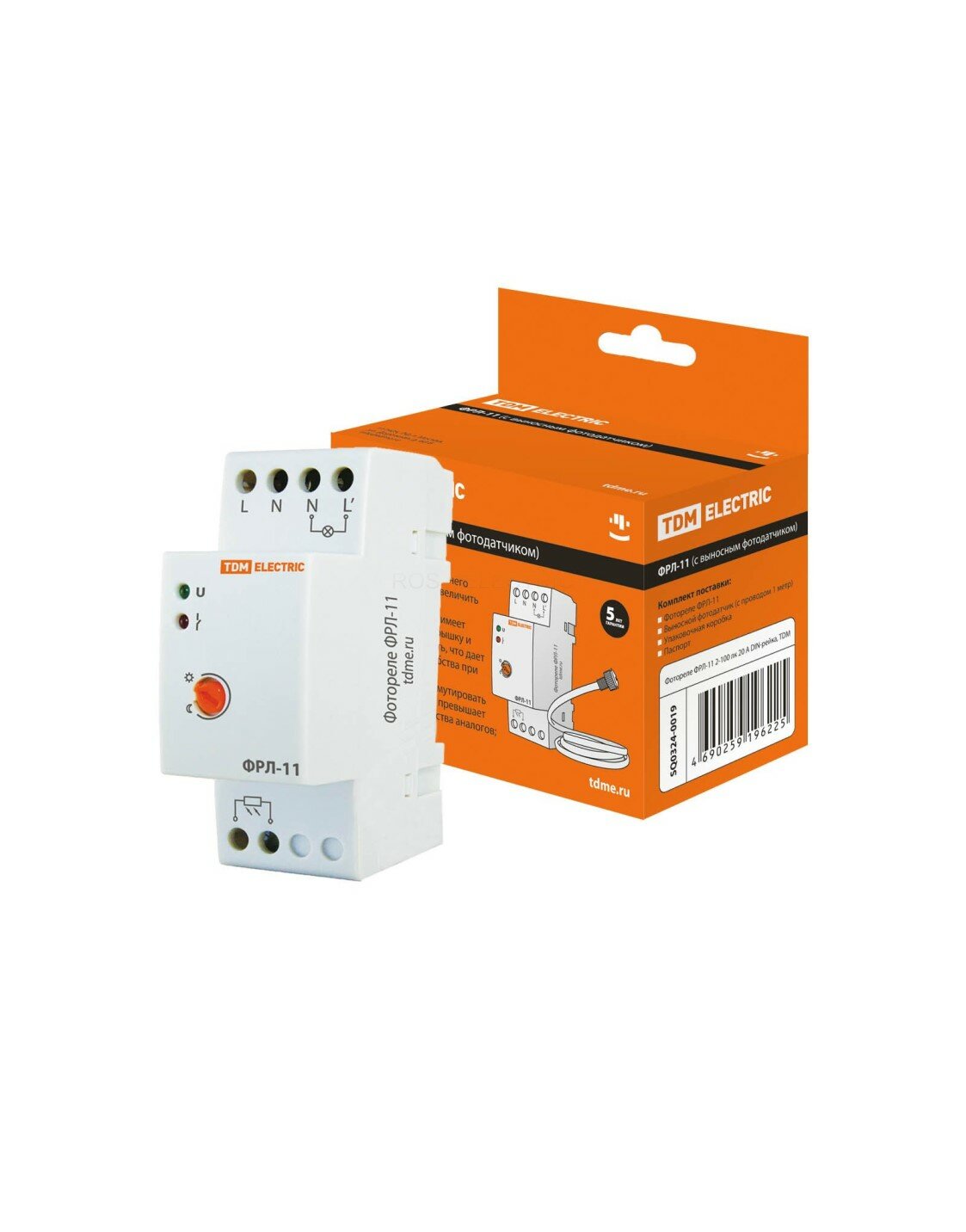 Фотореле TDM ELECTRIC SQ0324-0019, 2-100 Лк, 20 А, DIN-рейка, с выносным датчиком