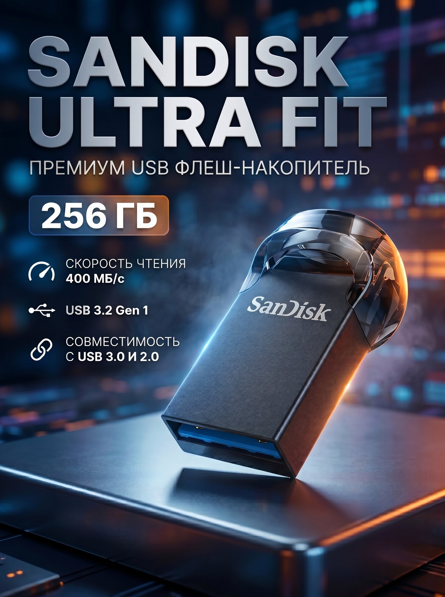 Флеш-накопитель SanDisk Ultra Fit USB 3.2, 256 ГБ, черный компактная