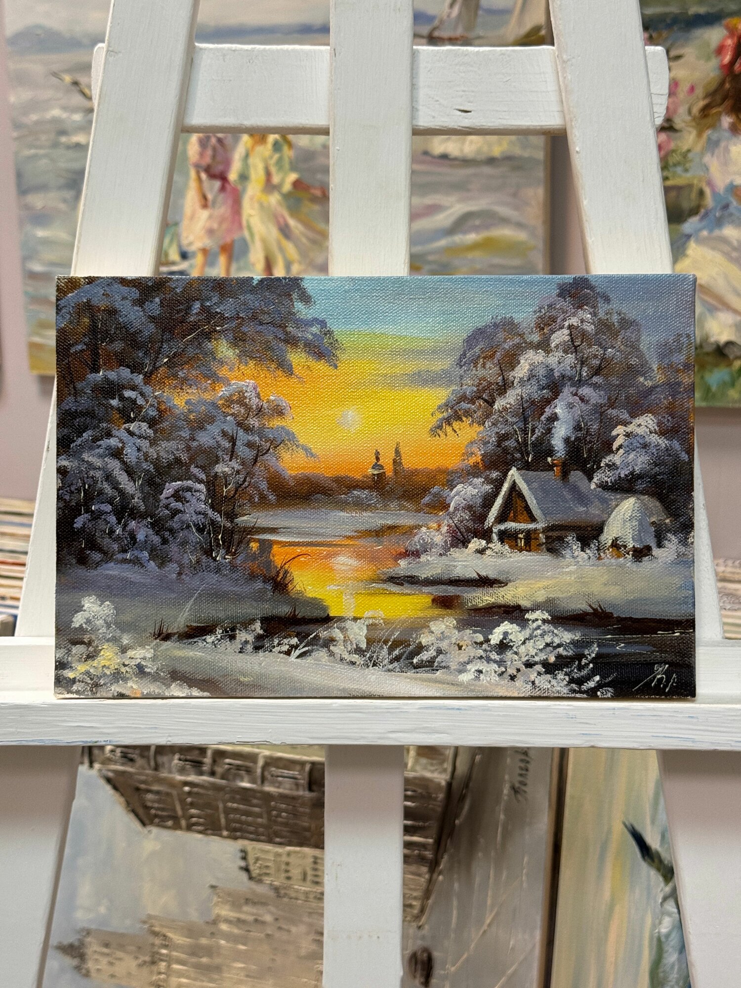 Картина маслом Зима, домик на берегу реки, солнце, храм 20х30 см. Художественная мастерская Грёзы.