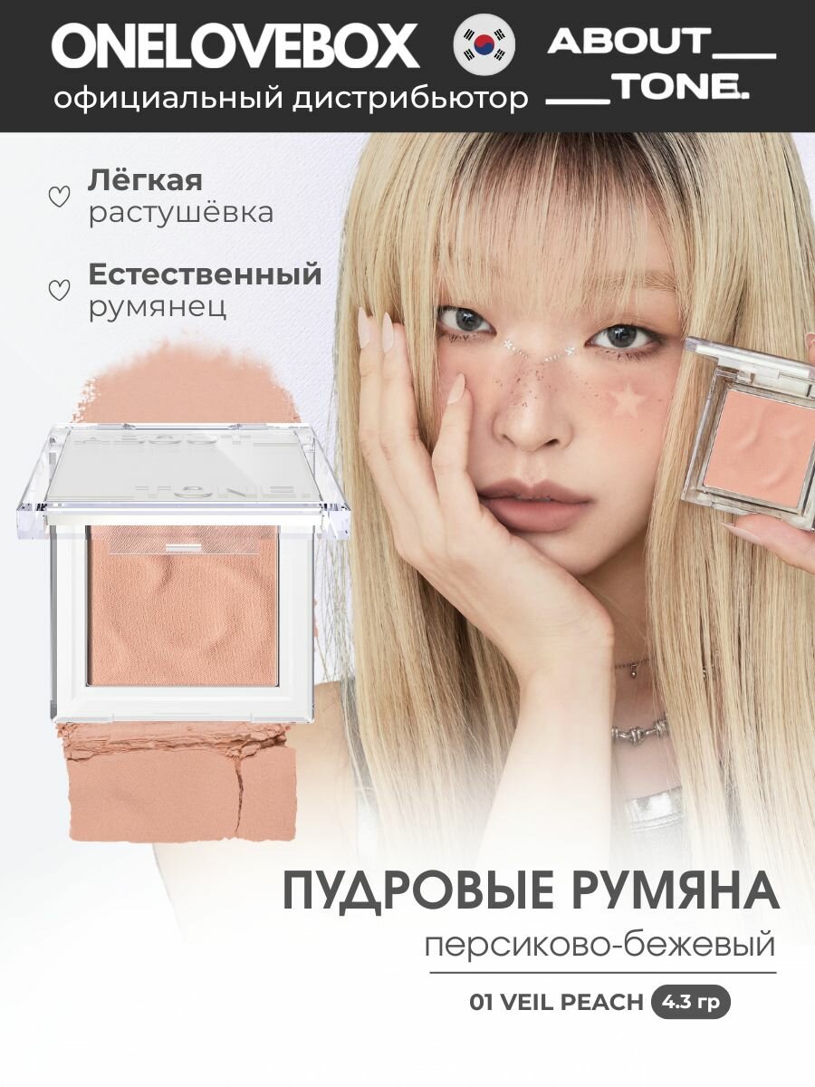 ABOUT TONE Fluffy Wear Blusher 01 Veil Peach - компактные пудровые корейские румяна (4.3 гр)