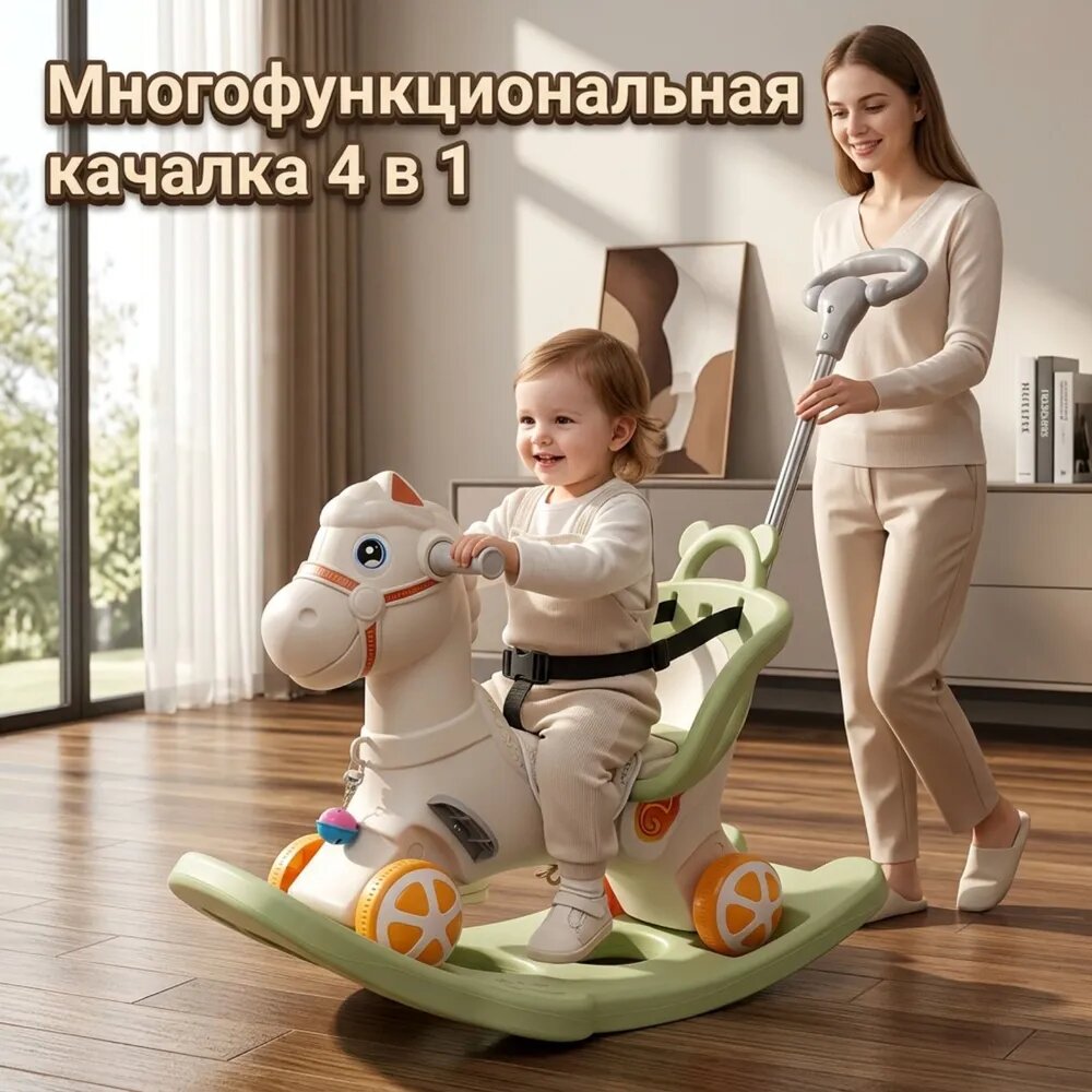 Детская лошадка-качалка и каталка 2 в 1 с музыкой и родительской ручкой. Безопасный беговел с защитой от опрокидывания и бесшумными колесами для детей 1-6 лет. Развивающая игрушка.