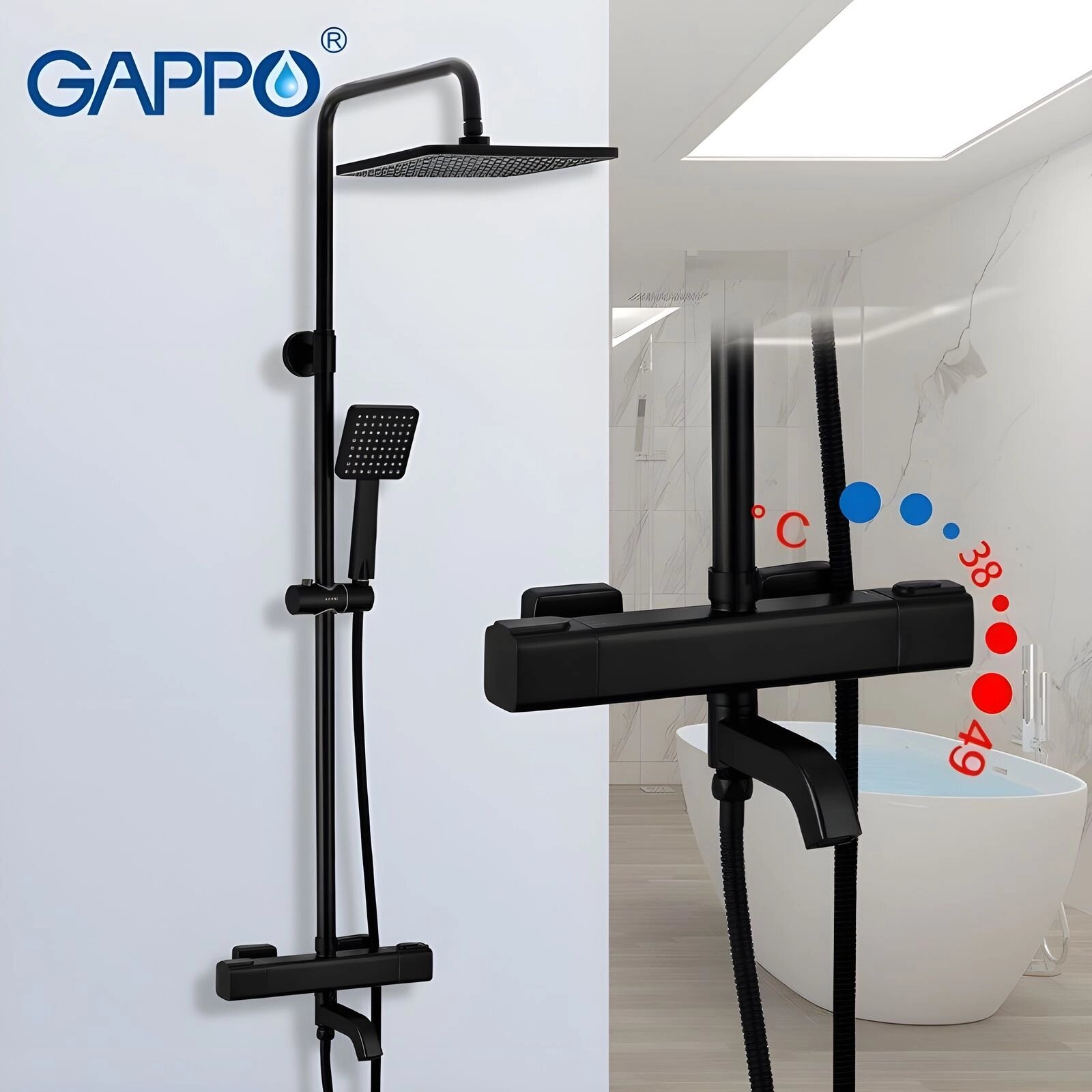 Душевая система для ванны с термостатом Gappo G2491-6, черная матовая
