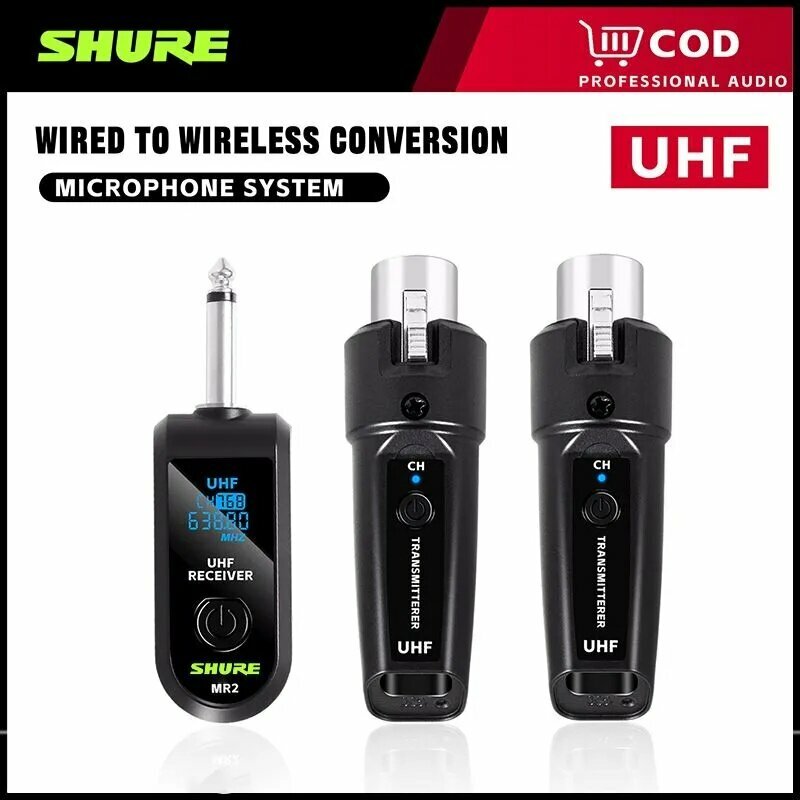 Shure Аксессуар для микрофона универсальный MR2 2.4G, проводной микрофон в беспроводной микрофон, передатчик и приемник, Plug and Play подходит для динамических микрофонов, черный