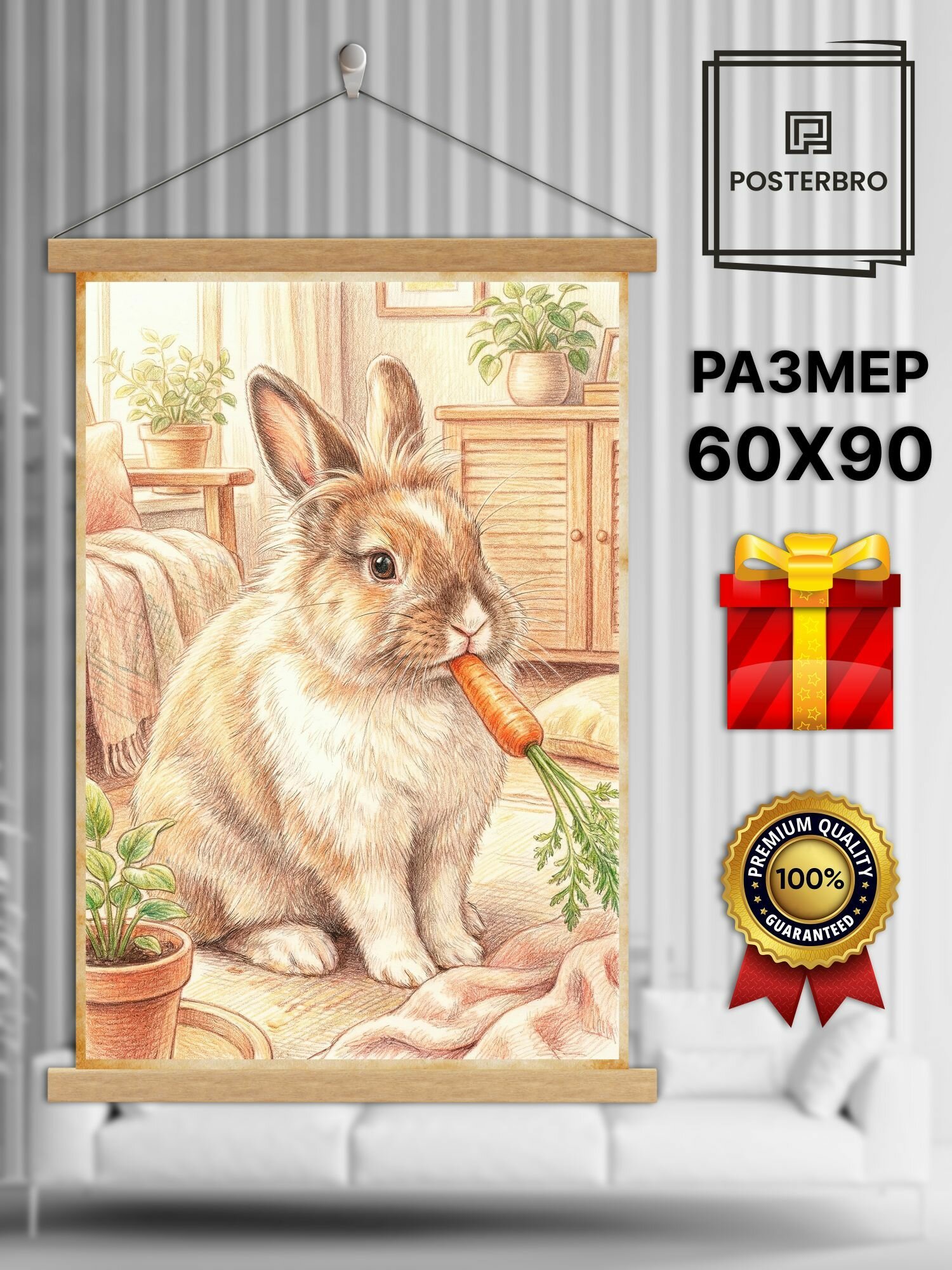 Постер на стену Posterbro в рамке 60х90 "Кролик и морковка" интерьерный