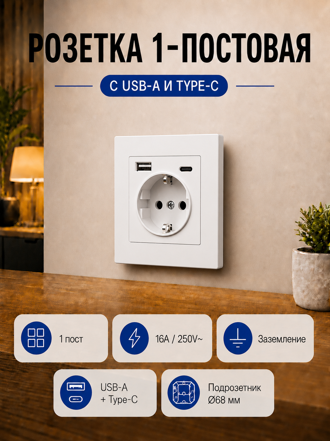 Розетка электрическая, одинарная, Type-C и USB, закаленное стекло, скрытая, белая