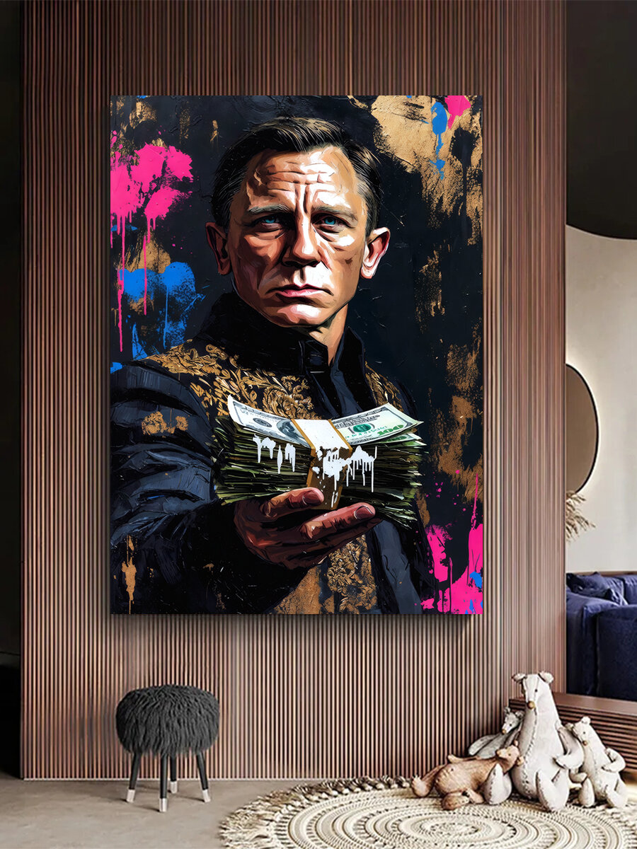 Картина на холсте «Daniel Craig: поп-арт портрет Дэниела Крейга» для акцента над мебелью, размер 50×70 см