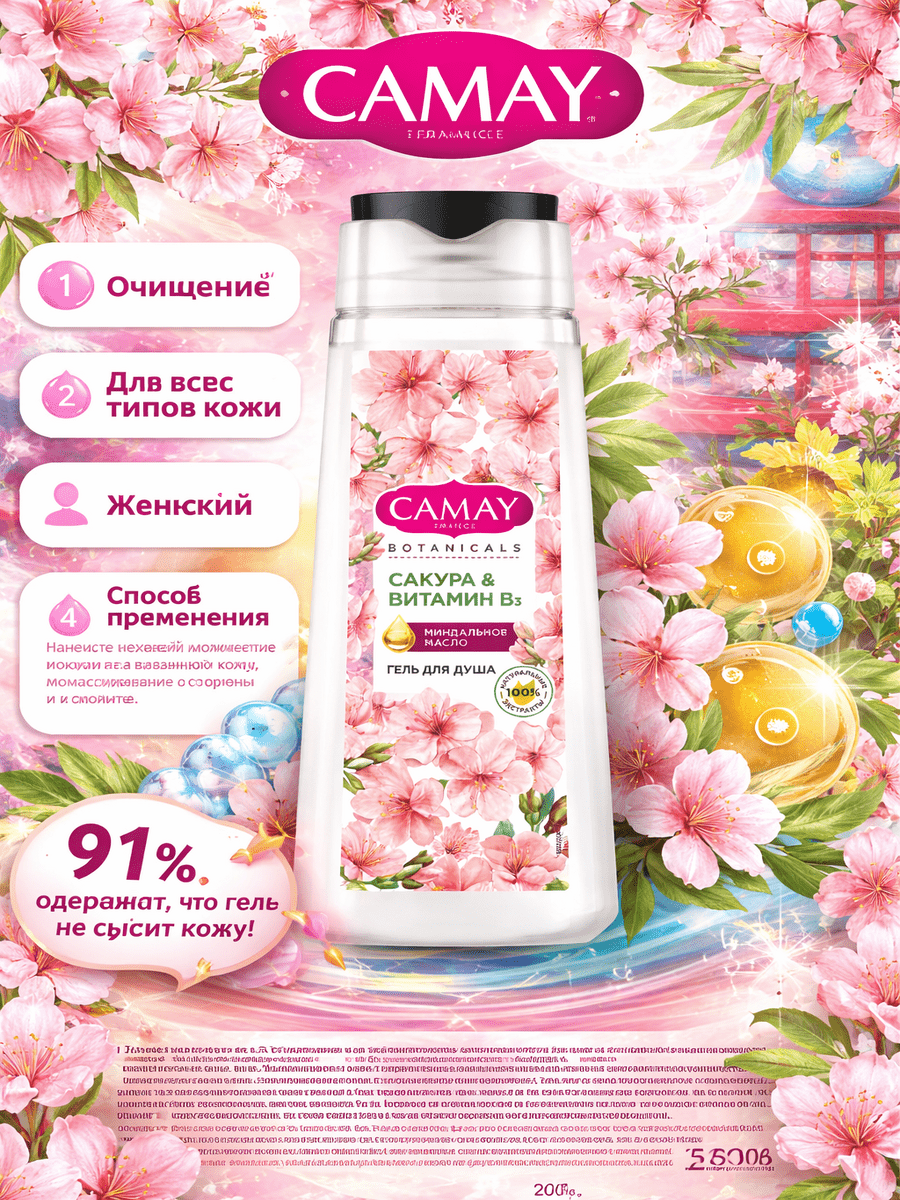 Гель для душа Camay Botanicals Сакура, 250мл