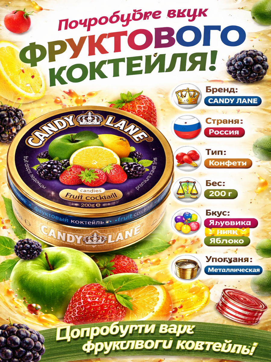 Леденцы Candy Lane Фруктовый коктейль, 200г