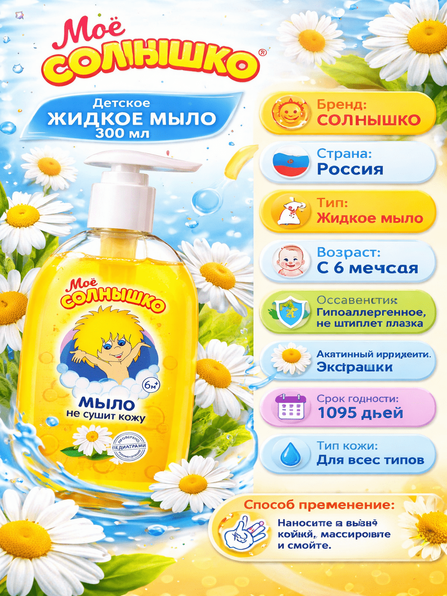 Мыло жидкое детское Мое солнышко Ромашка, 300мл
