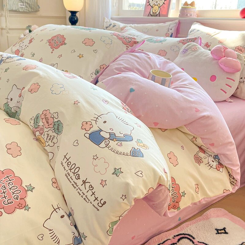 Детский комплект постельного белья Hello Kitty из четырех предметов: простыни и пододеяльники из чистого хлопка с