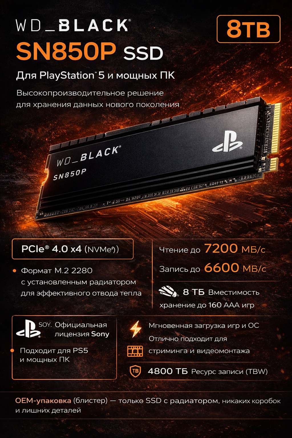 Твердотельный накопитель Western Digital SN850P heatsink, OEM упаковка, 8TB, 7200MB/s, 6600MB/s