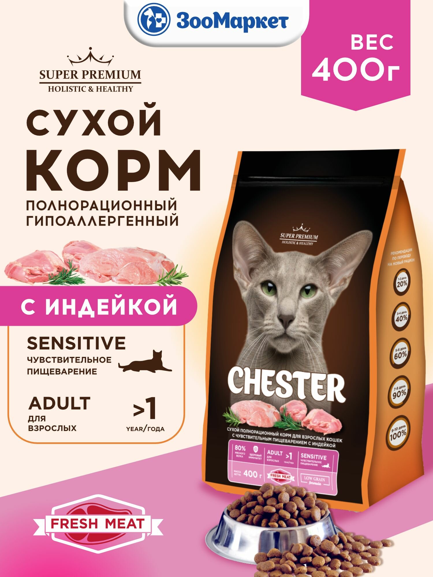 Сухой полнорационный корм CHESTER super premium с чувствительным пищеварением (SENSITIVE) для взрослых кошек с индейкой 400 г