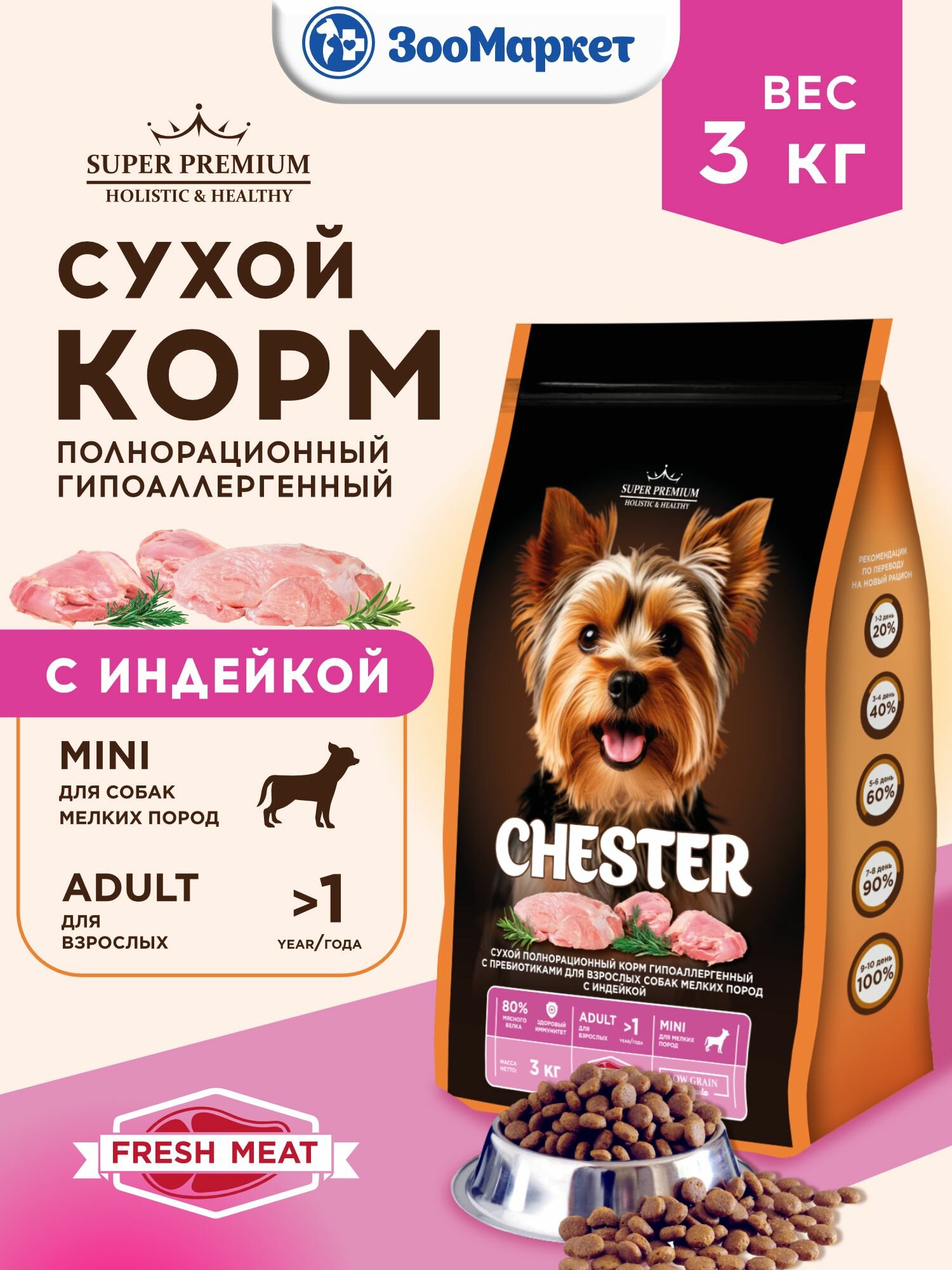 Сухой полнорационный корм CHESTER super premium гипоаллергенный с пребиотиками для взрослых собак мелких пород с индейкой 3 кг