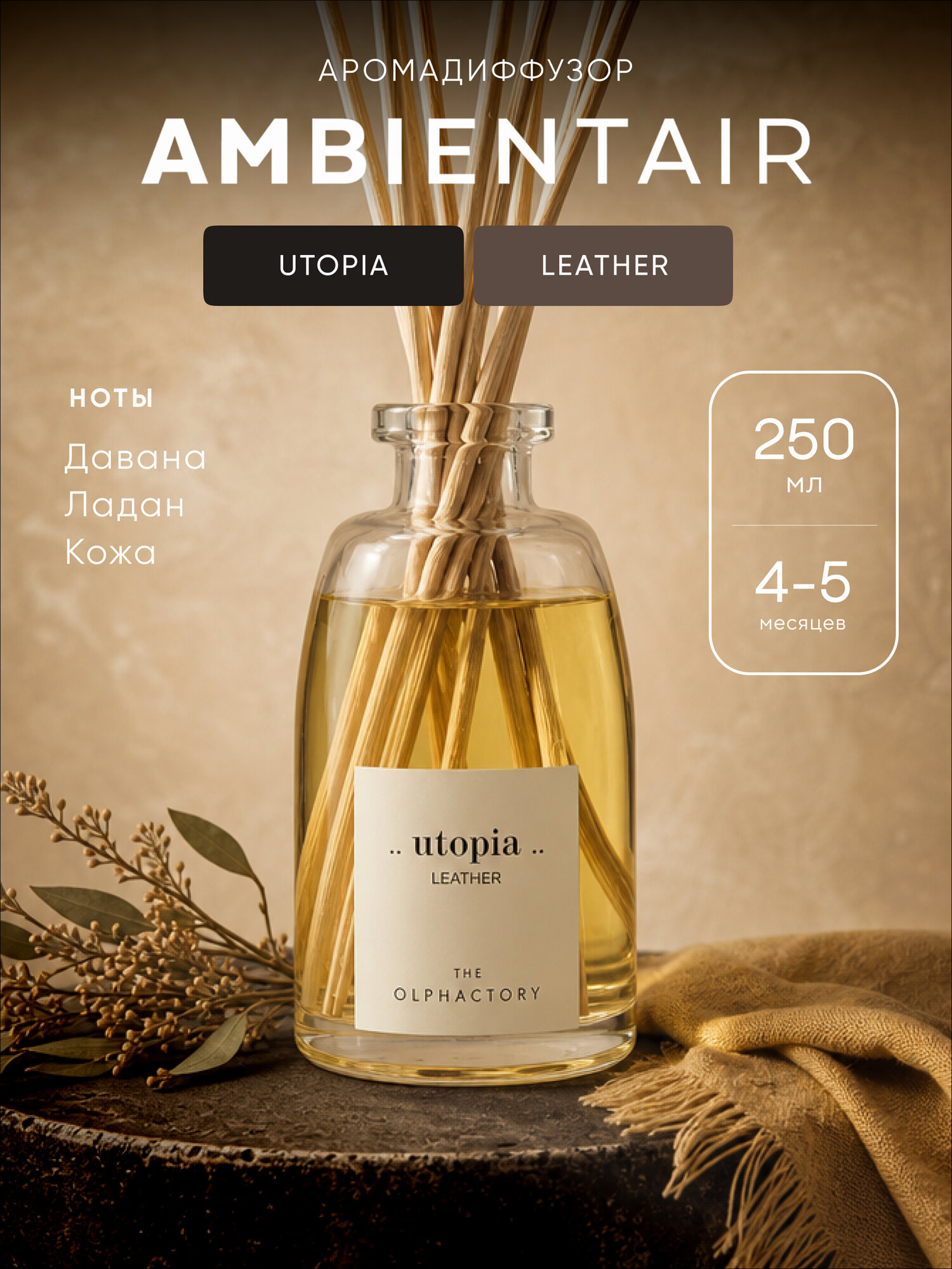 Диффузор ароматический Ambientair The Olphactory, Utopia, Leather, 500 мл