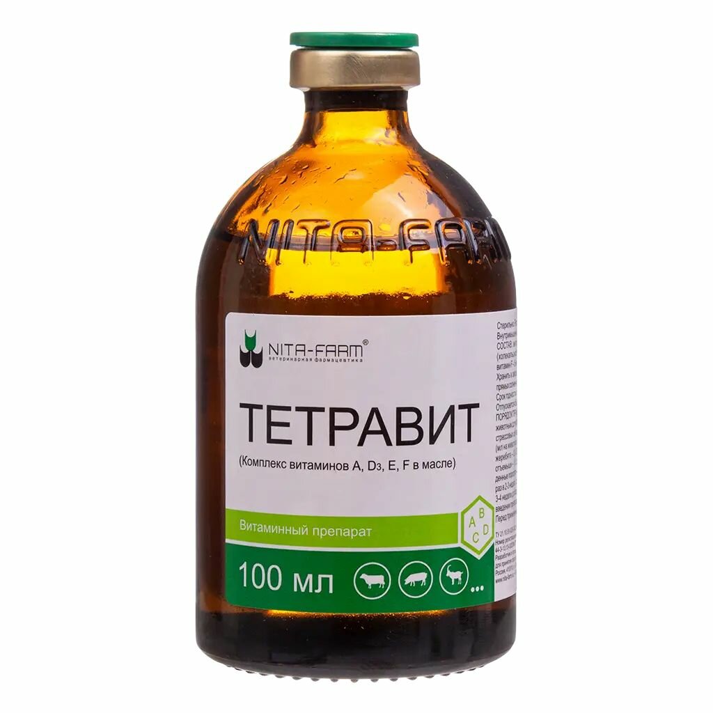 NITA-FARM Тетравит для инъекций , витаминно-микроэлементный препарат для животных и птиц, 100 мл