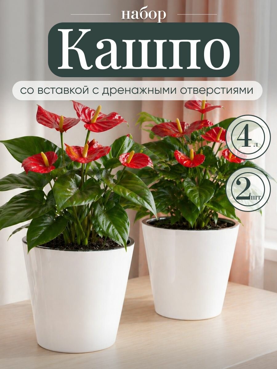 Кашпо для цветов 4 литра со вставкой, в наборе 2 шт цвет белый, ударопрочные, пластиковые