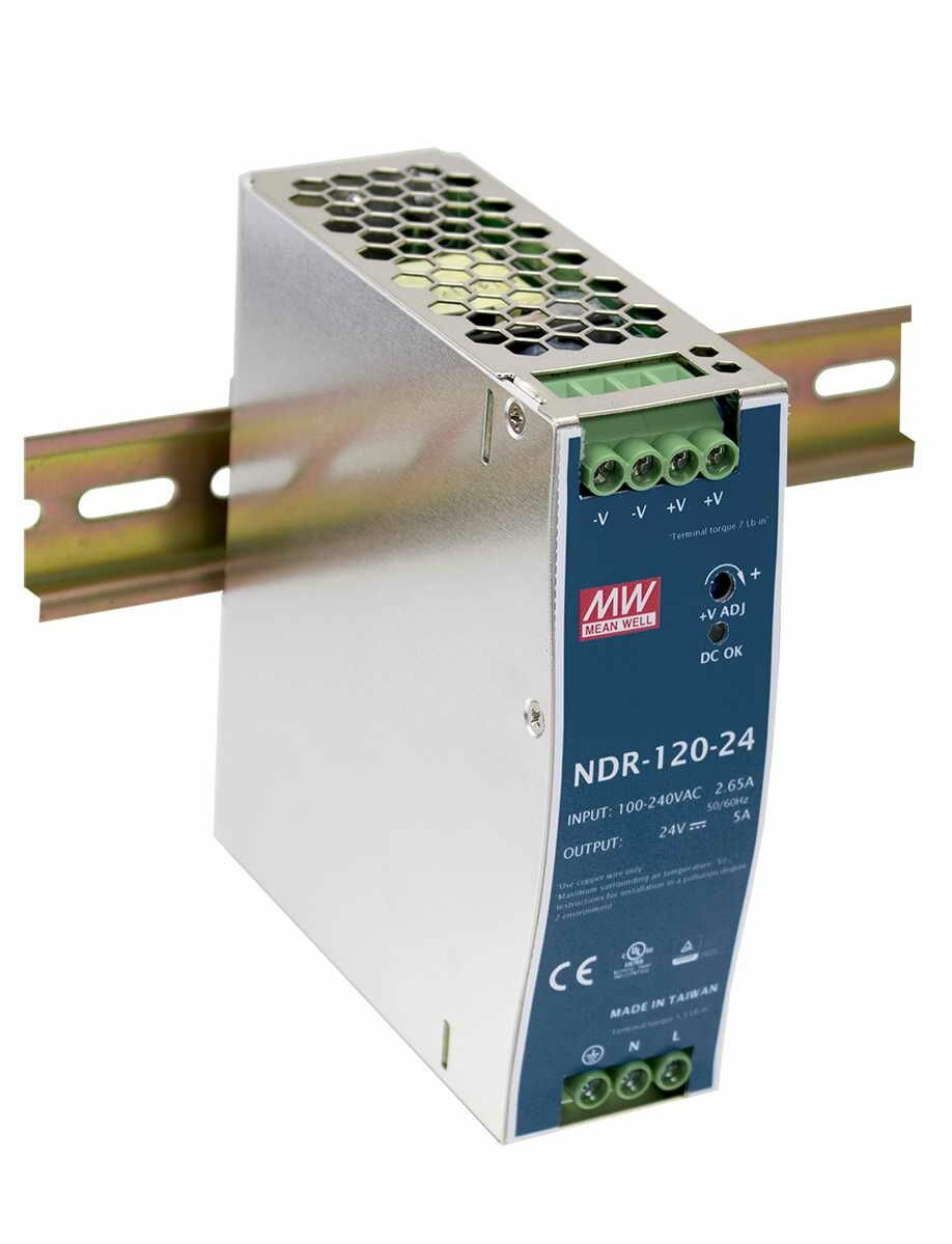 Блок питания MEAN WELL AC-DC, 120 Вт, вход AC 90-264В, 47-63 Гц, DC 127-370В, выход 24В 5А, регулировка выхода 24-28В, в кожухе, на DIN-рейку