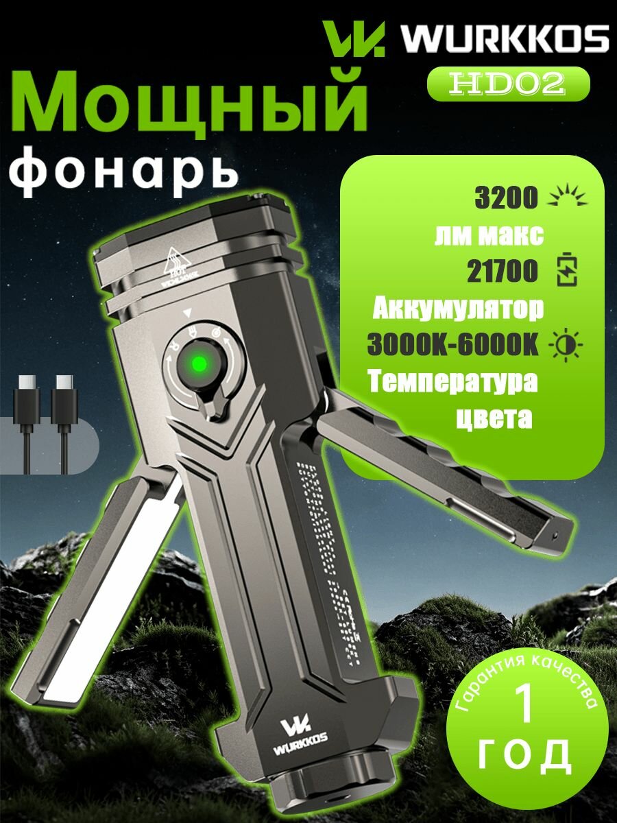 Wurkkos HD02 3200 люмен SFT70.2 Теплый белый 3000K, холодный белый 6000K Ультрафиолетовый Многорежимный двунаправленный зарядный фонарь Type-C