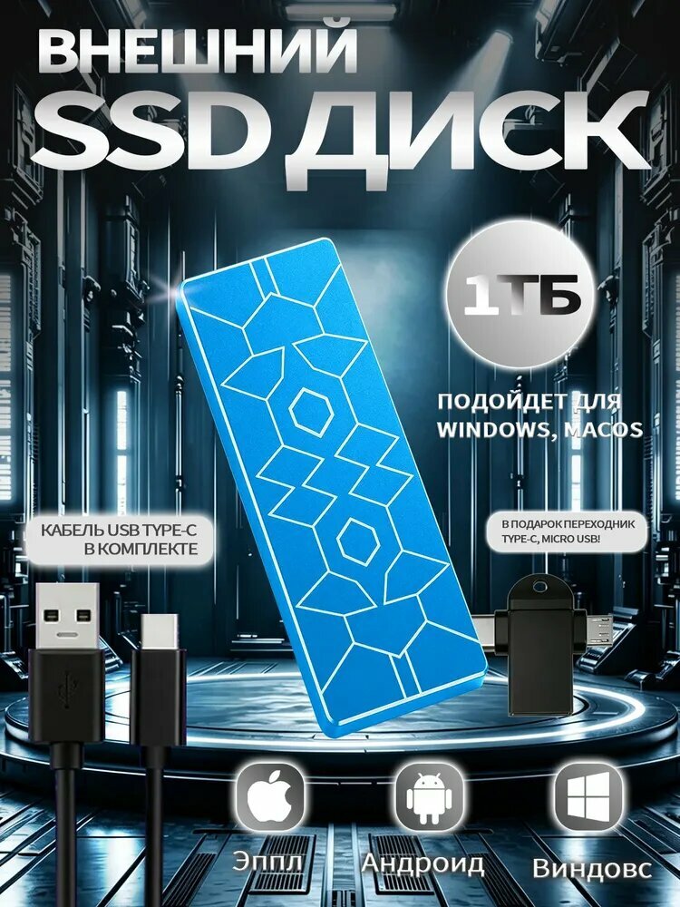 Портативный SSD-накопитель, 1ТБ, USB-C, металлический корпус, синий