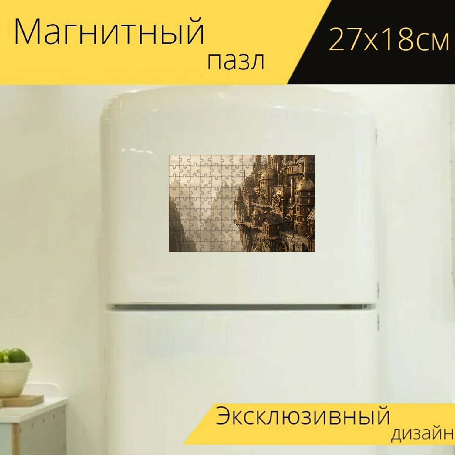 Магнитный пазл "Парящий город на скалах. Фантазийный многоуровневый ансамбль в стиле стимпанк: башни, купола, шестерни и мостики на отвесных утесах." на холодильник 27 x 18 см.