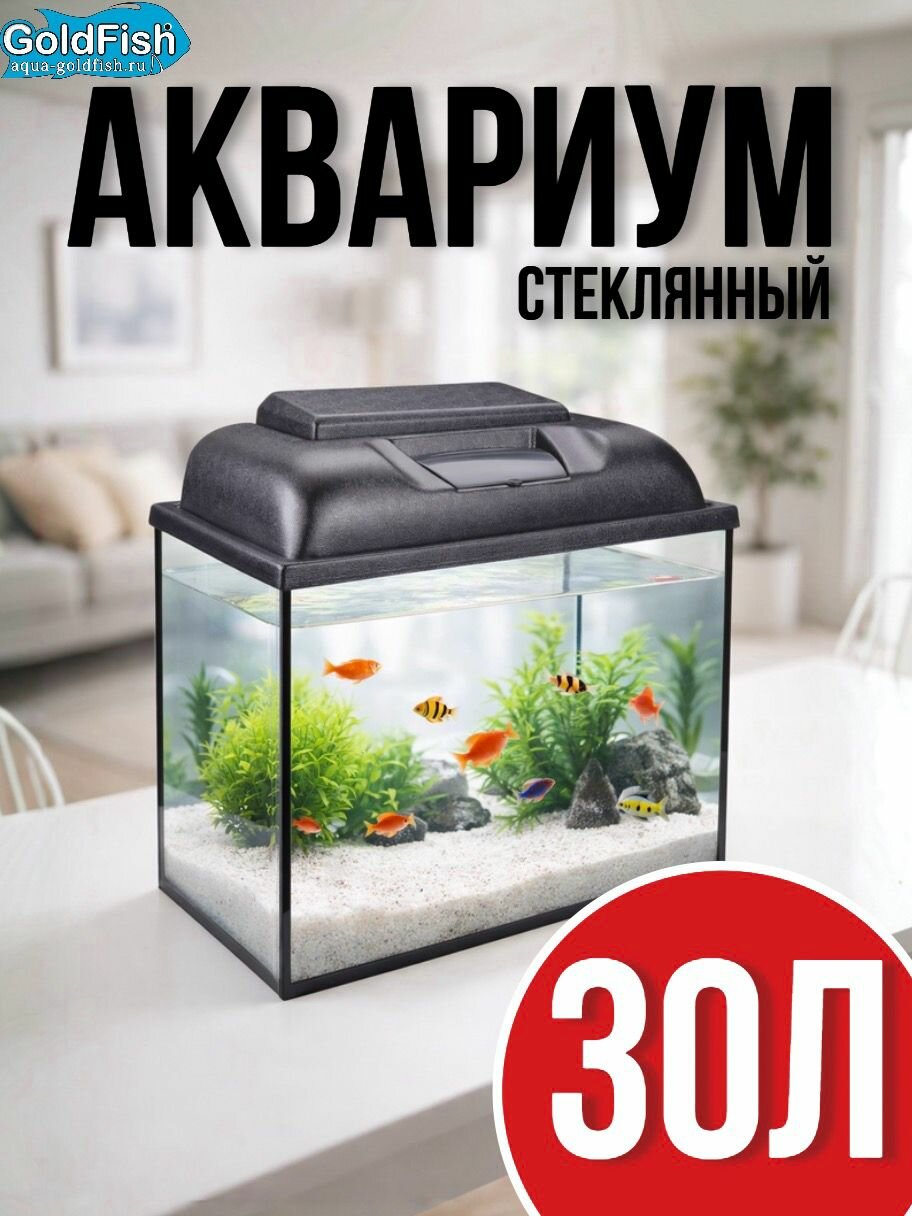 Аквариум 30 литров с подсветкой для рыбок с крышкой и диодной лампой