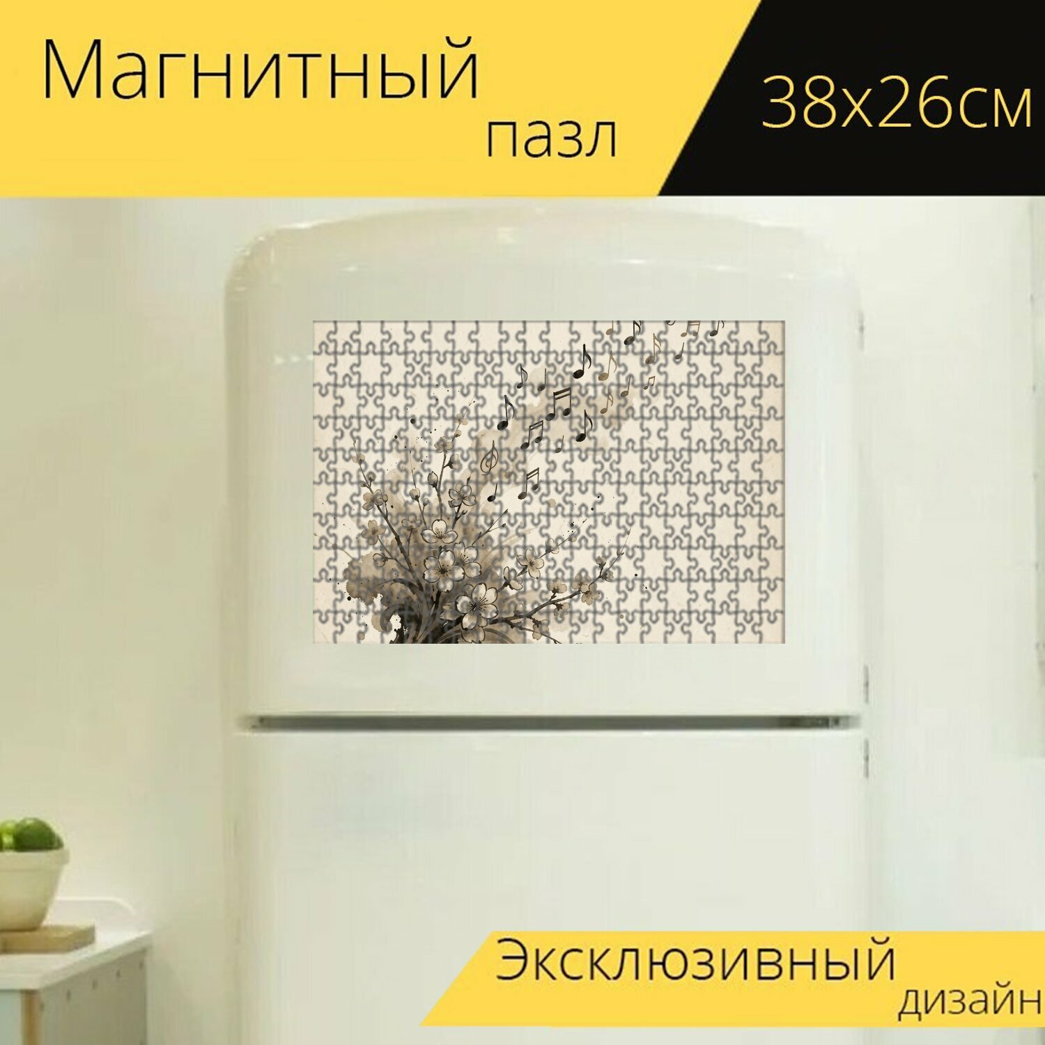 Магнитный пазл "Весенний цветок и мелодия. Акварельная композиция в бежево-сепийных тонах: нежные цветущие побеги, парящие музыкальные знаки, винтажная." для интерьера, 38х26 см.