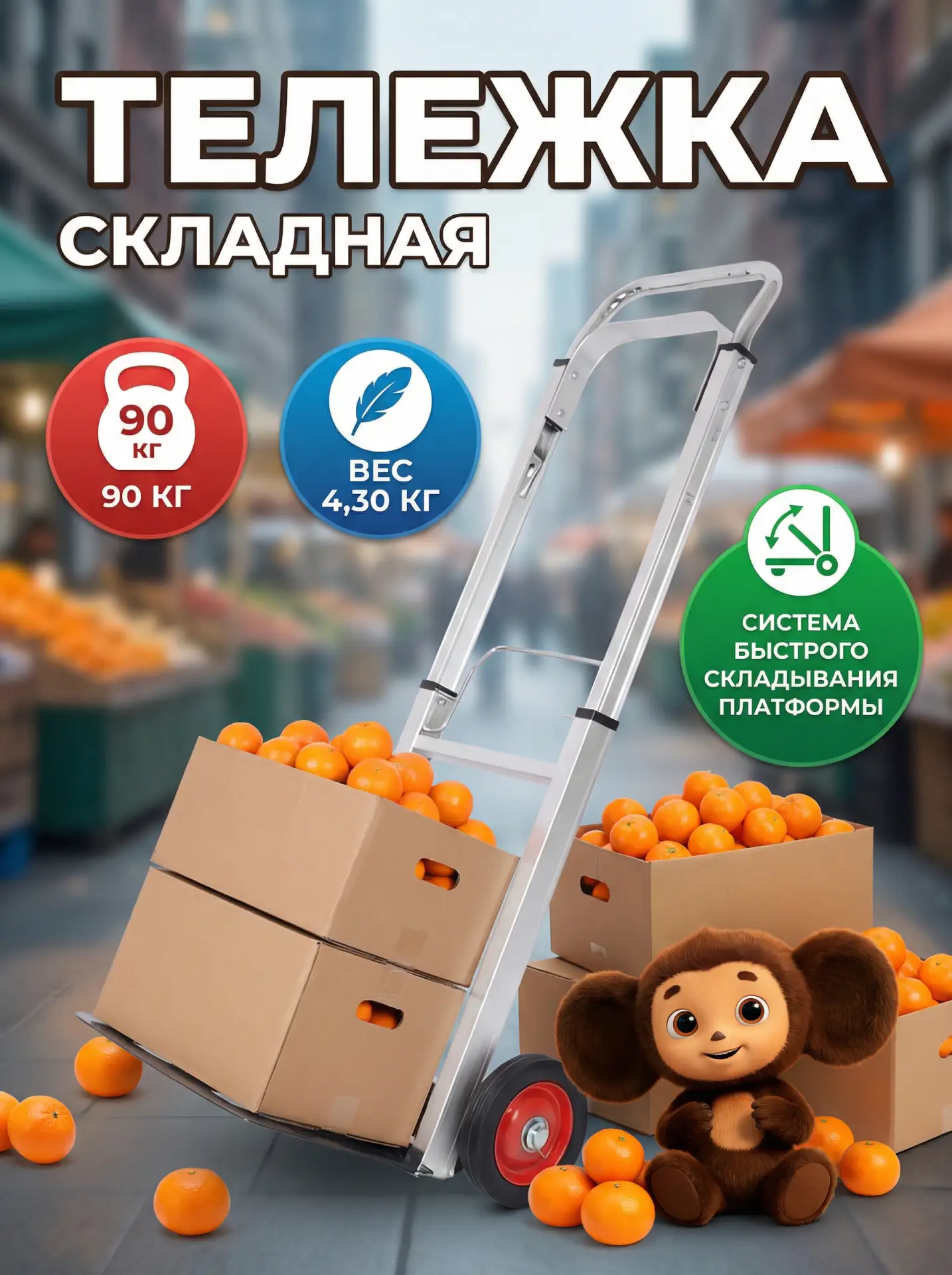 Тележка грузовая складная алюминиевая ручная, до 90 кг, хозяйственная тележка для перевозки грузов