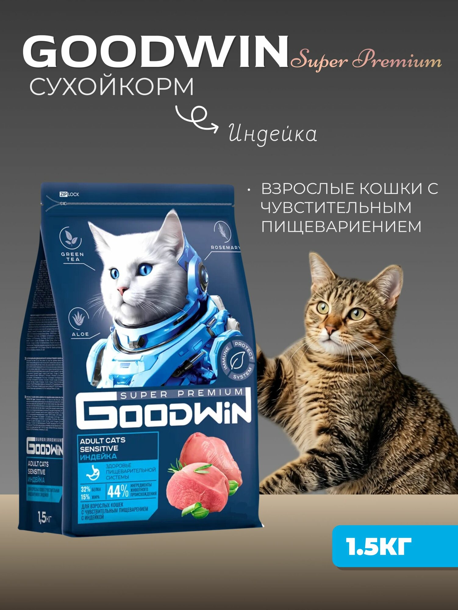 GOODWIN Корм сухой для кошек с чувствительным пищеварением Индейка 1,5 кг