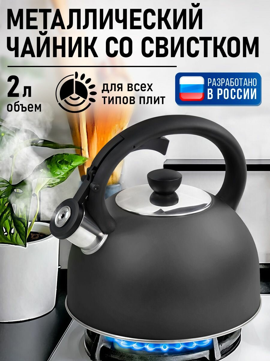 MARTA Чайник со свистком 2 л, чайник для плиты нержавеющая сталь, черный графит