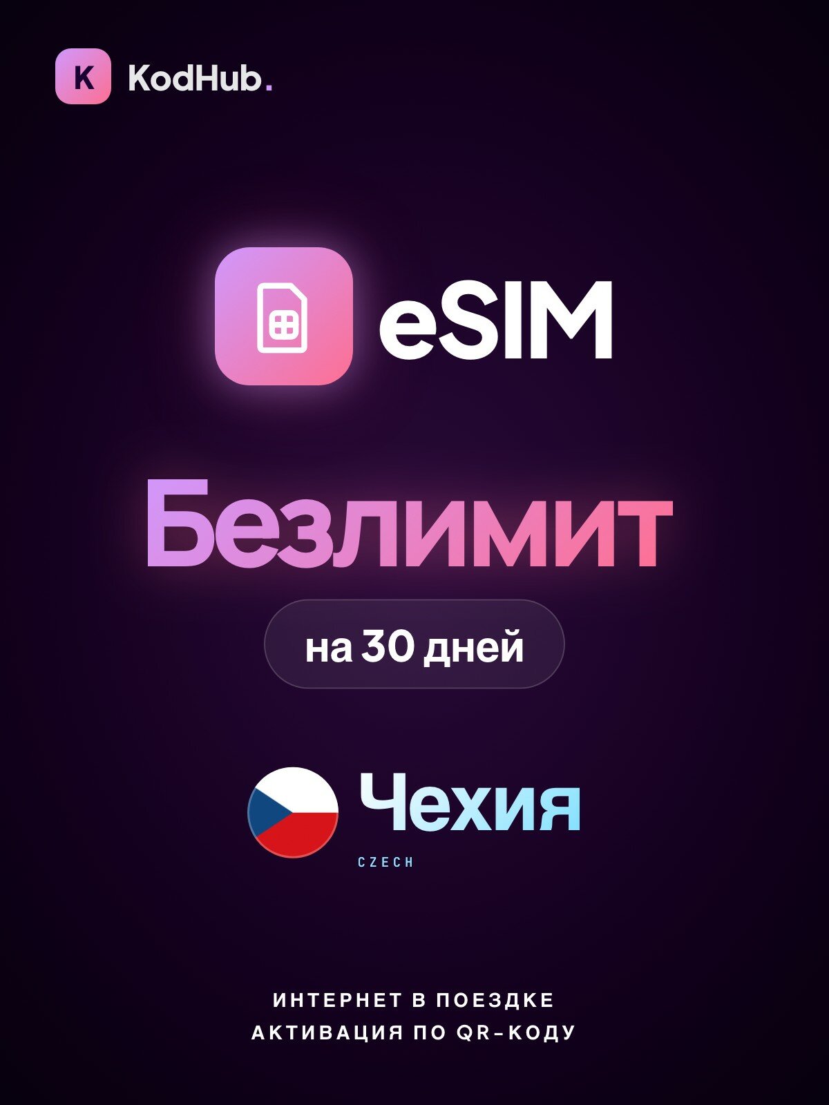 Туристическая eSIM Чехия безлимит на 30 дней | интернет в поездке, связь за границей | QR-код активации