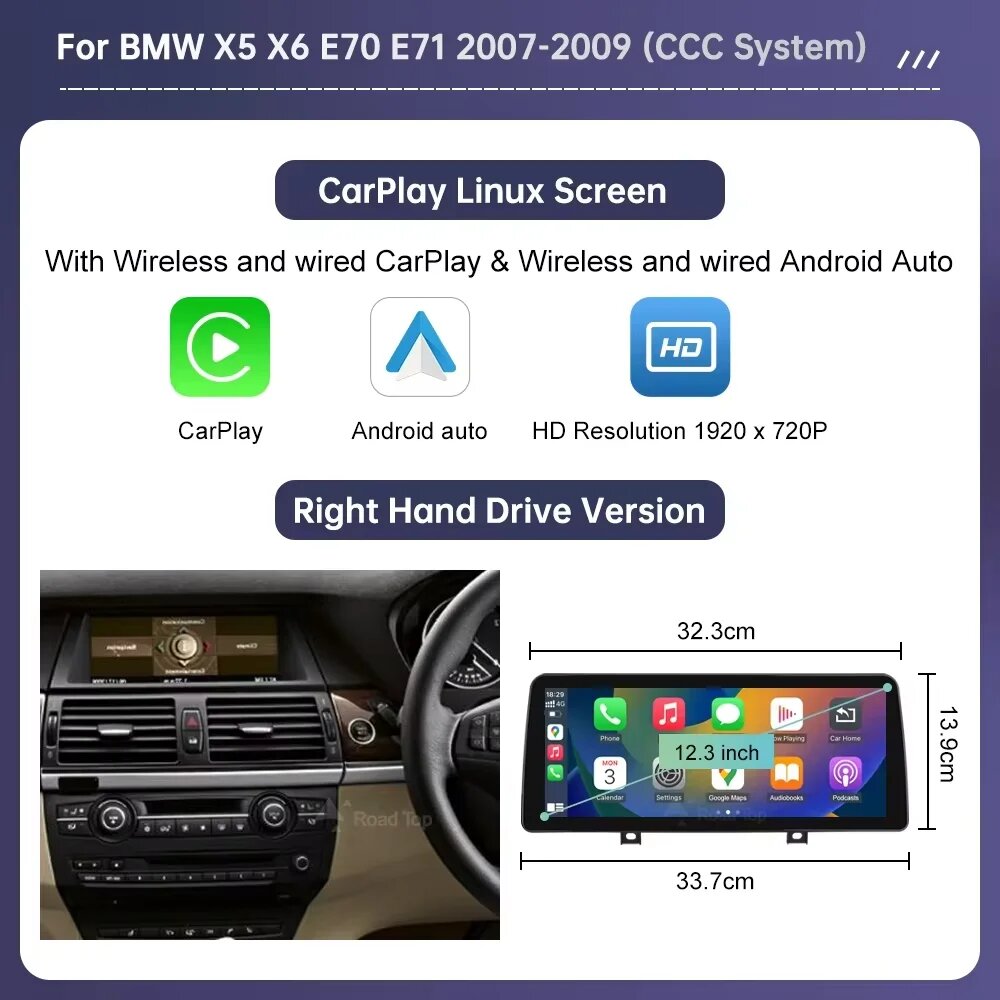 Беспроводной сенсорный экран Carplay для BMW X5 E70 X6 E71 2007-2013 CCC CIC Дисплей 12.3 CCC RHD