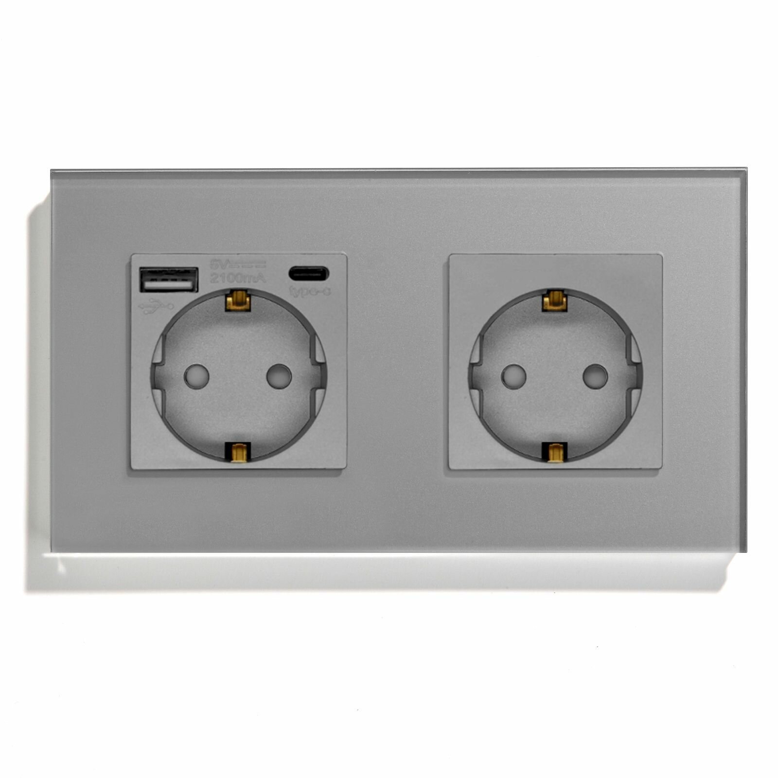 Розетка электрическая 2 поста EU/AC, зарядка 10W, стекло 157х86 мм, цвет серый