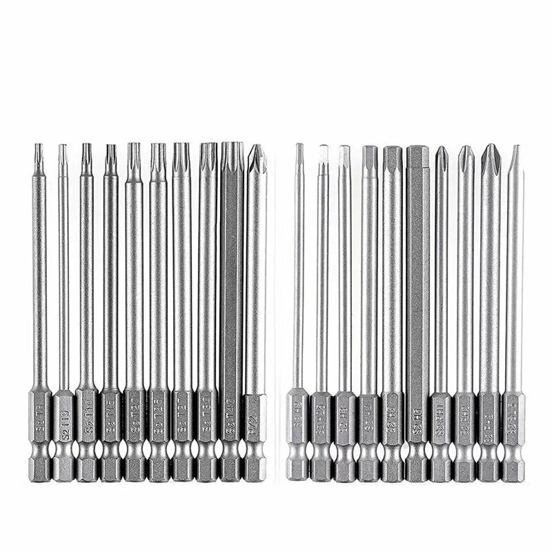 Набор длинных бит, набор магнитных 20 шт. 100 мм, биты Torx T8-T40, шестигранные H2-H6, PH1 PH2, PZ2, со шлицами, шестигранник 1/4 дюйма