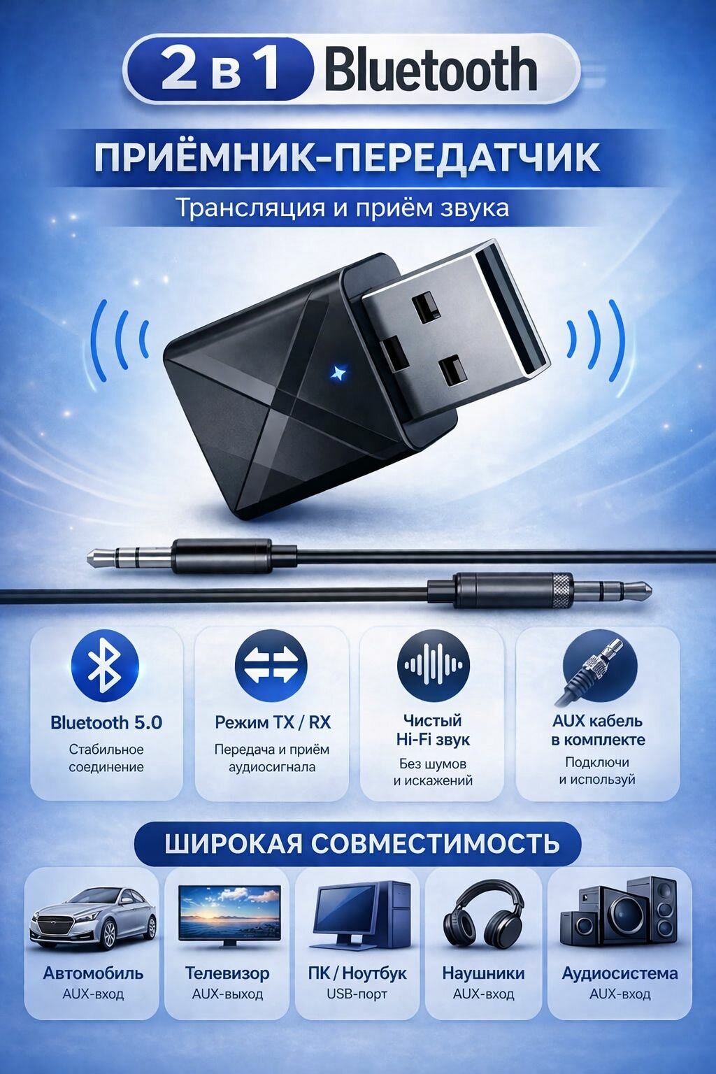 Bluetooth AUX адаптер - трансмиттер, приемник- передатчик, блютуз для автомобиля, Bluetooth адаптер для подключения беспроводных наушников