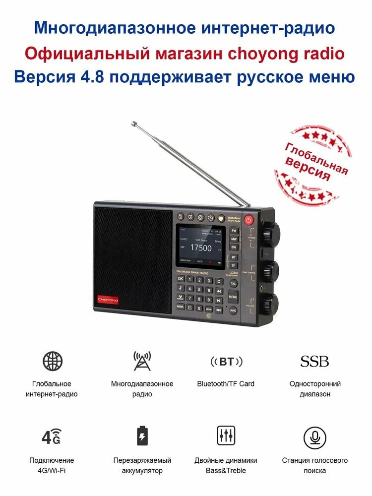 Choyong Магнитола, 15 Вт, черно-серый