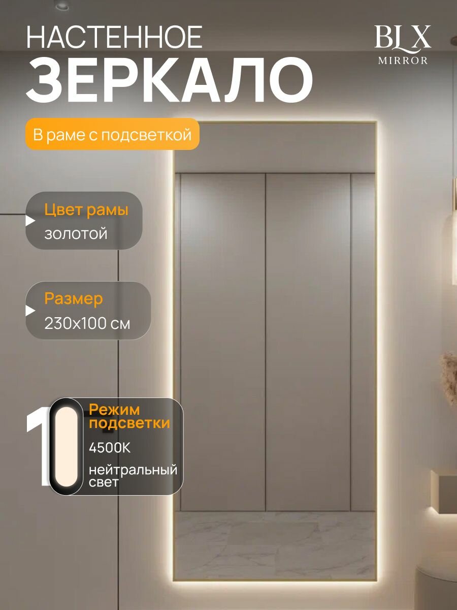 Зеркало настенное 230х100 см золото с подсветкой Свет: Нейтральный белый 4500К В алюминиевой раме интерьерное BLX MIRROR