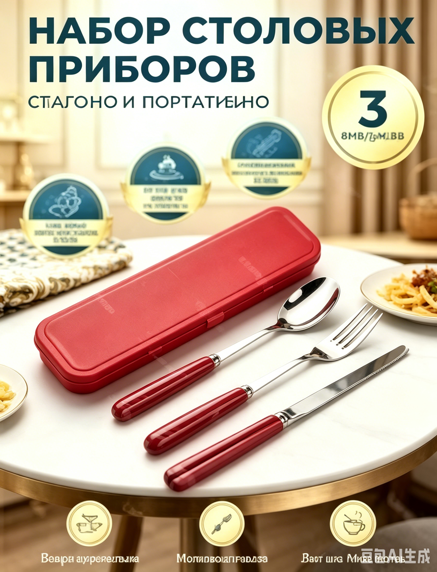 Набор вилка и ложка для салата 3 предм. голубой