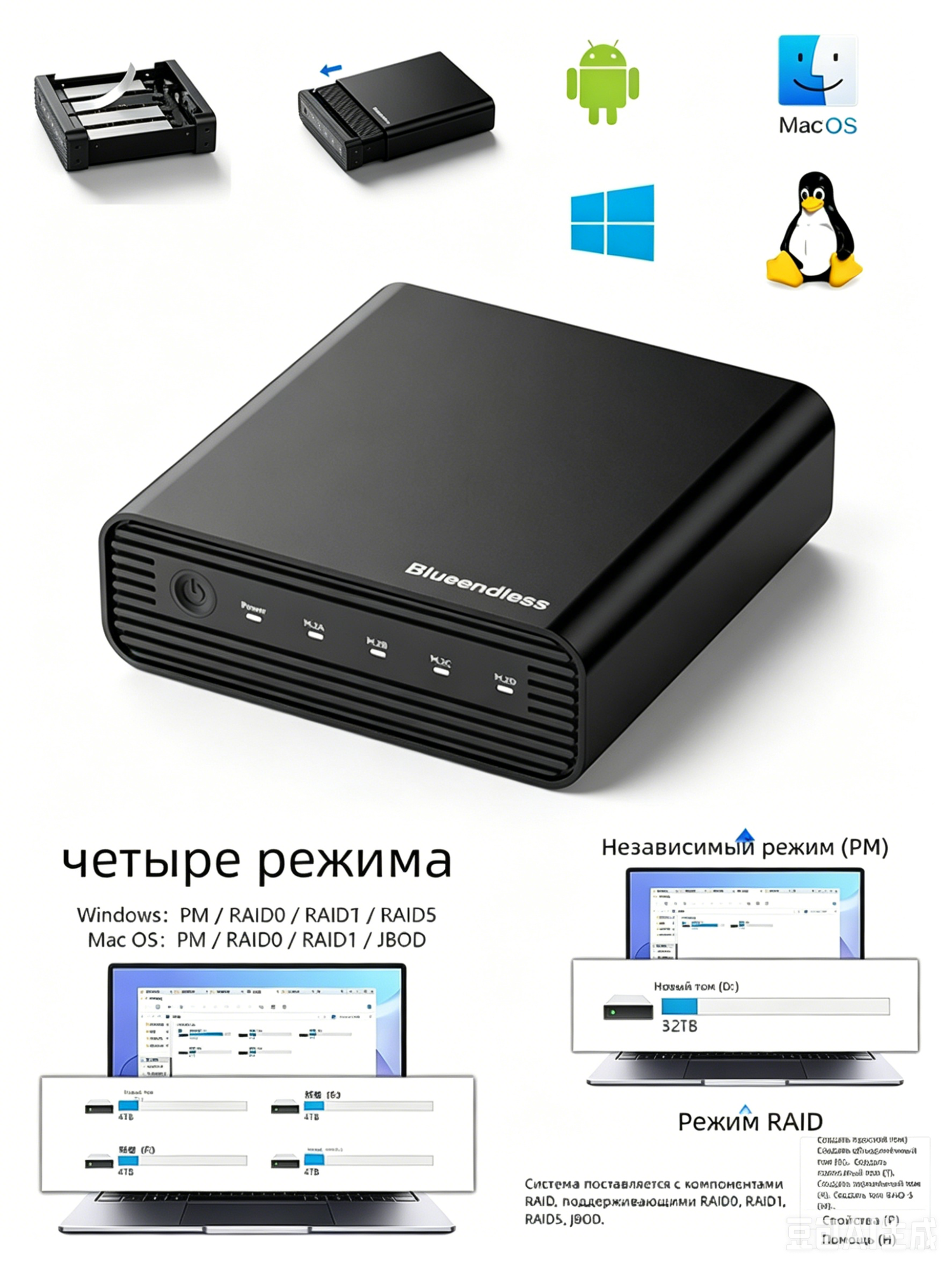 SHDU DB2804U4 USB4 внешний бокс для 4 дисков M.2 NVMe SSD, скорость 40 Гбит/с, поддержка RAID (0/1/5/JBOD), максимальный объём 32 ТБ, алюминий, охлаждение