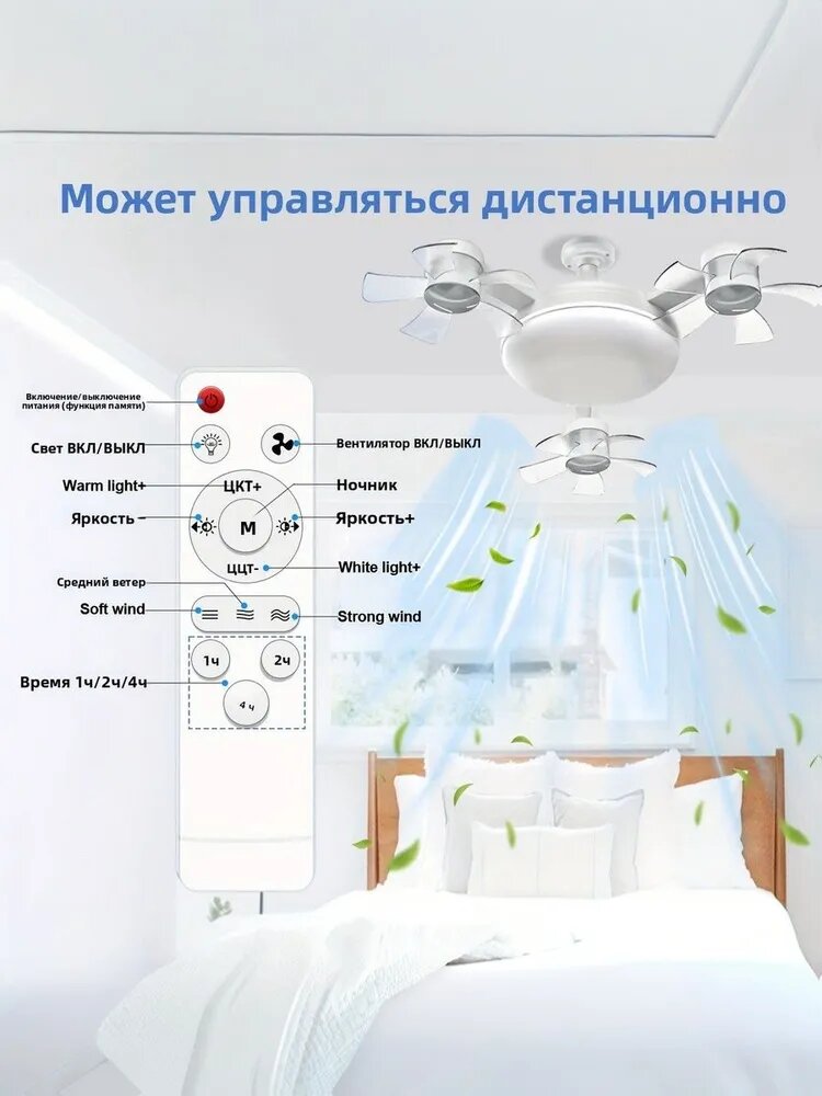 Потолочная люстра-вентилятор с подсветкой, 50-60 Вт, 3 режима скорости, управление с пульта ДУ, E27 — фото 1