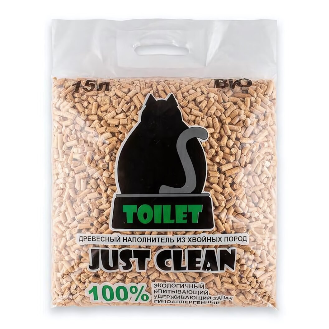 Наполнитель кошачий древесный 15 л "JUST CLEAN" из хвойных пород, экологичный, гипоаллергенный