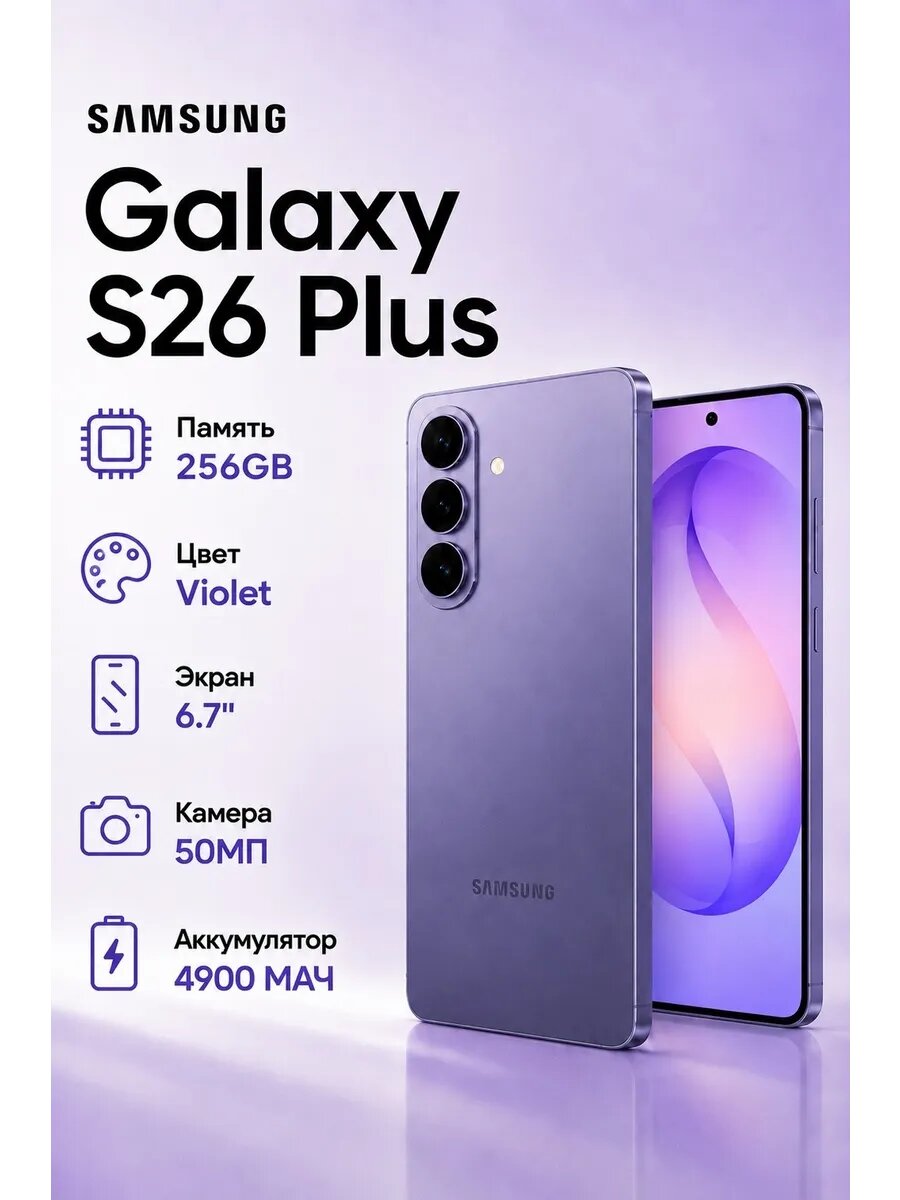 Смартфон Samsung Galaxy S26+ 5G 12/256 ГБ, Dual: nano SIM + eSIM, фиолетовый