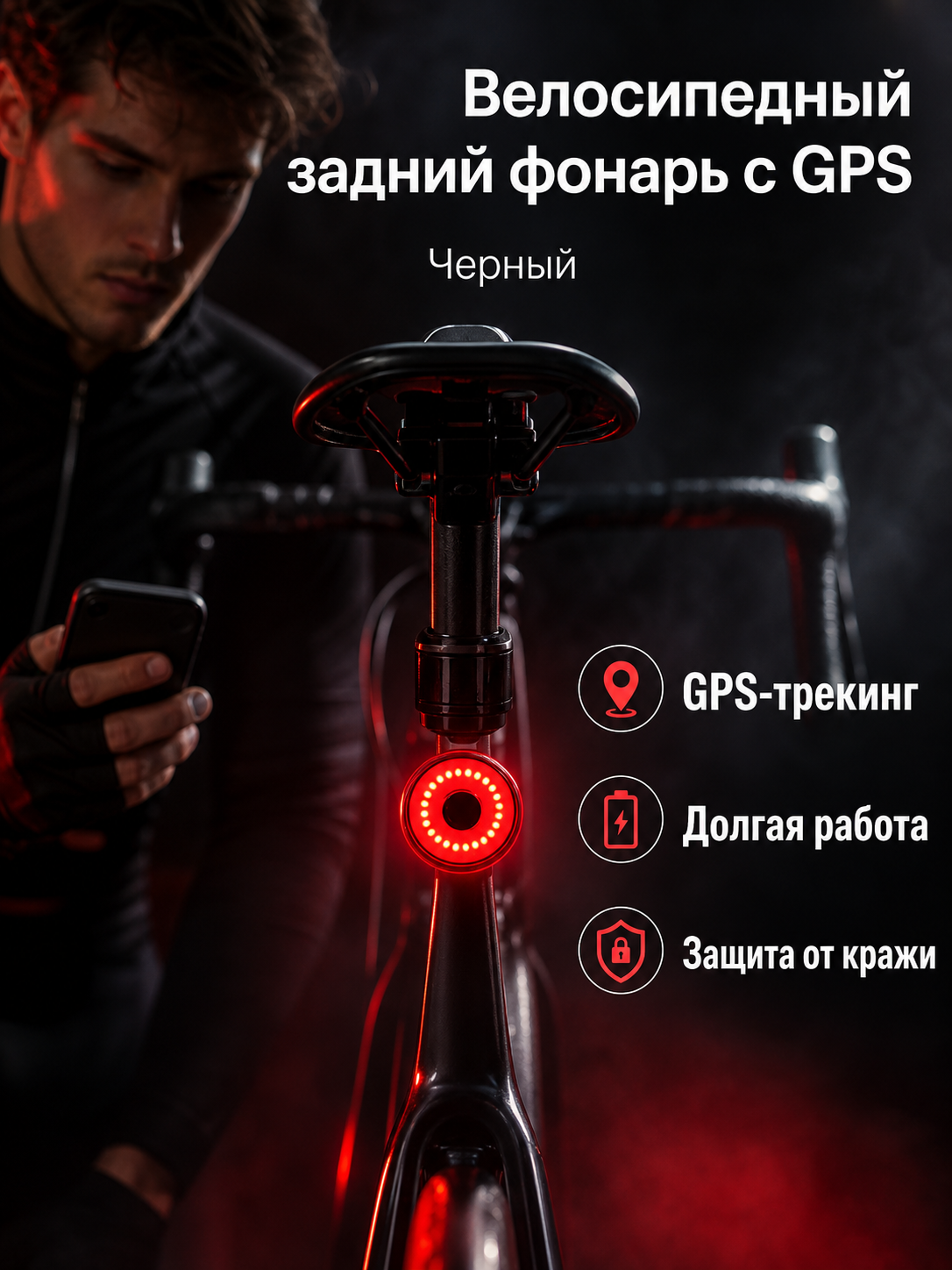 Велосипедный задний фонарь с GPS трекером черный защита от кражи